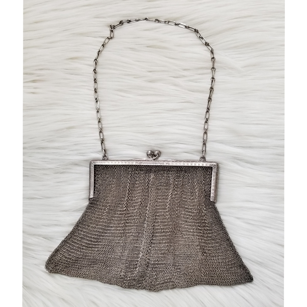 Antique Victorian Sterling Silver Mesh Purse - Gem